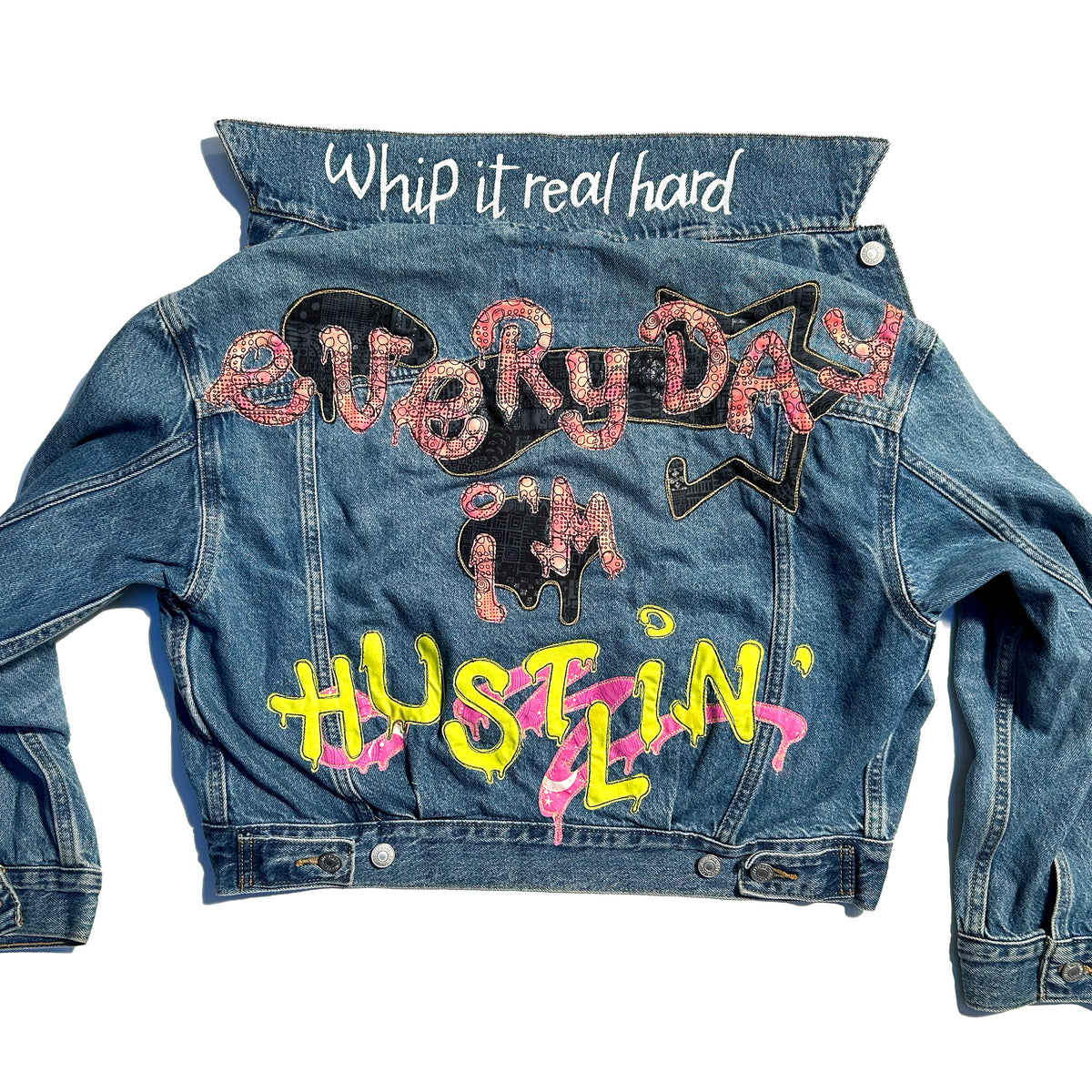 women's graffiti machine embroidered upcycled denim jacket: everyday i ...